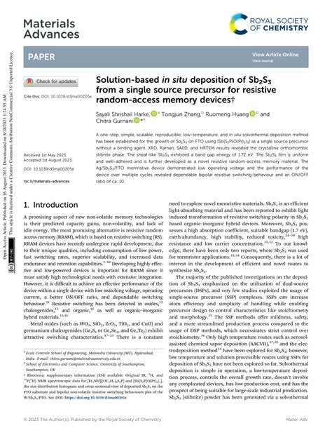 pdf solution based in situ deposition of sb 2 s 3 from a single source precursor for resistive