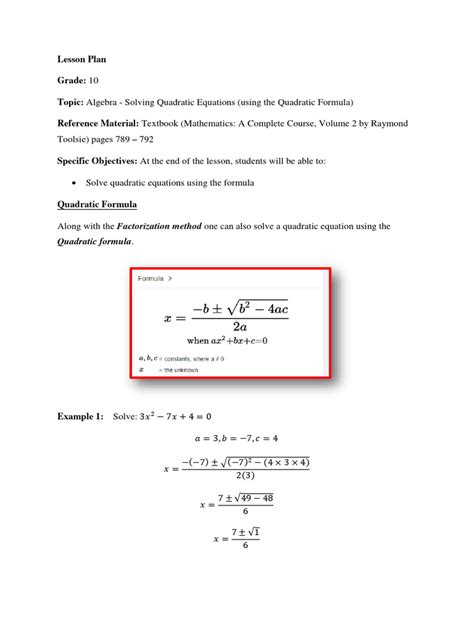 Quadratic Formula Pdf Quadratic Equation Factorization