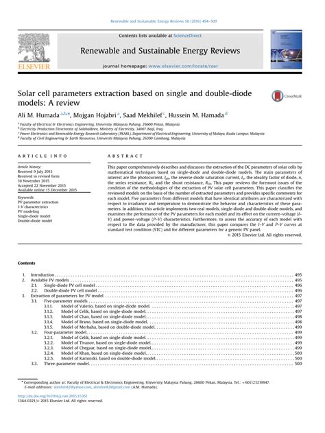 Pdf Solar Cell Parameters Extraction Based On Single And Double Diode