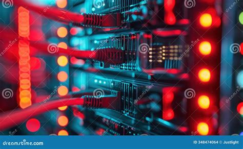 Network Server Rack With Blinking Lights And Connected Cables Providing Innovative Production