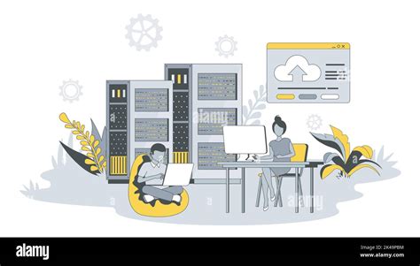 Web Hosting Concept In Flat Design With People Man And Women Working At Data Center Server