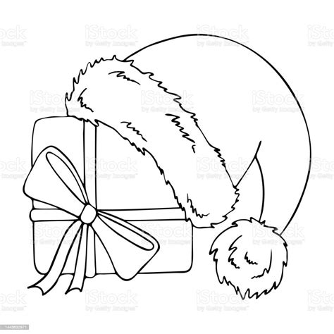 색칠하기 책 선물 상자 산타 모자 리본 활과 함께 패키지에 크리스마스 놀라움 손으로 그린 벡터 라인 아트 흑백 그림입니다 0명에 대한 스톡 벡터 아트 및 기타 이미지