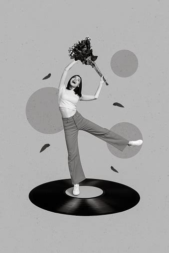 핀업 팝 복고풍 스케치의 콜라주 3d 이미지 젊은이 매력적인 예쁜 여자를 들고 꽃다발 춤 비닐 복고풍 빈티지 레코더 20 24세에 대한 스톡 사진 및 기타 이미지 Istock