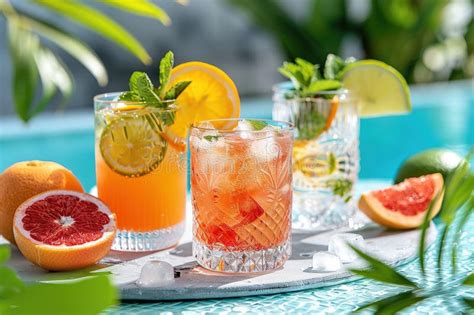 Assorted Fresh Coctails At The Poolside Outdoors Nobody Stock Image