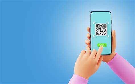 결제 3d 렌더링을 위한 스마트폰 Qr 코드의 Qr 코드 스캔 아이콘용 스마트폰을 들고 있는 만화 프리미엄 사진