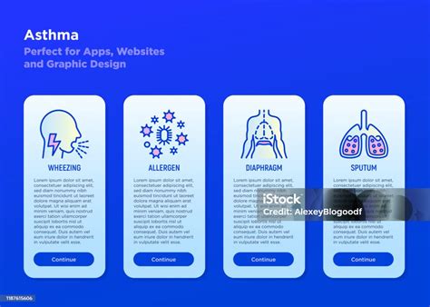 천식 모바일 사용자 인터페이스 복사 공간 및 얇은 라인 아이콘 천명 알레르겐 다이어프램 가래 의료 모바일 응용 프로그램에 대한 현대 벡터 그림 건강관리와 의술에 대한 스톡