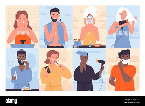 Morning Routine Of People In Bathroom Set Vector Illustration Cartoon Happy Woman And Man Brush