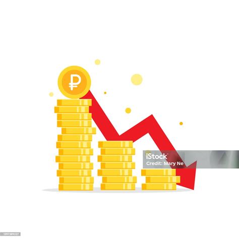 황금 러시아 루블 동전은 스택과 아래쪽 화살표 흰색으로 격리된 플랫 벡터 아이콘입니다 경제 금융 돈 상징 통화 픽토그램 감소 가을 기호 감소에 대한 스톡 벡터 아트 및 기타
