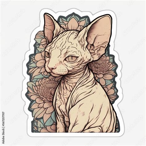Beautiful Sticker With Cute Chibi Sphinx Cat And Flowers In Retro Art