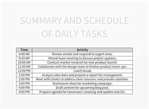 Summary And Schedule Of Daily Tasks Excel Template And Google Sheets File For Free Download