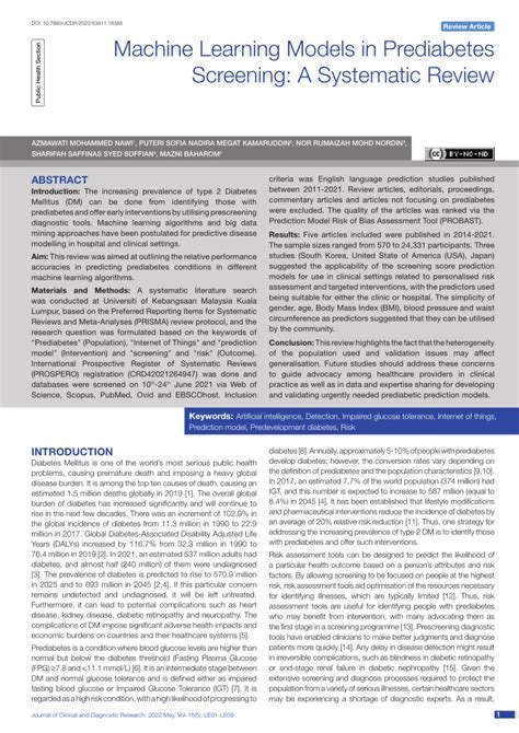 Pdf Machine Learning Models In Prediabetes Screening A Systematic Review