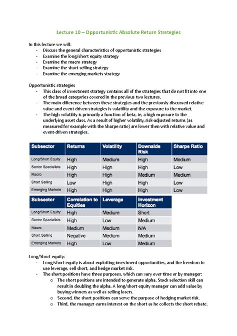 Lecture 10 Opportunistic Absolute Return Strategies Lecture 10 Opportunistic Absolute