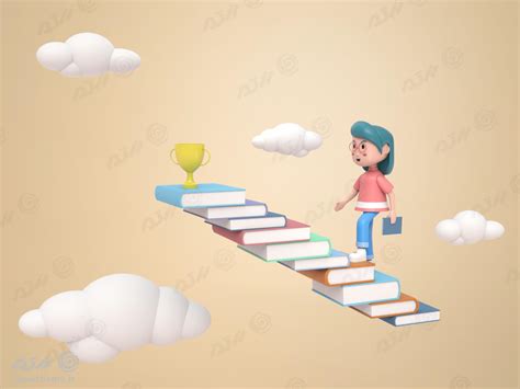 فایل Psd فتوشاپ کاراکتر سه بعدی دختری در حال بالا رفتن ار پله هایی شبیه به کتاب به صورت لایه باز