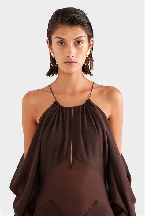 Womens Silk Off Shoulder Column Maxi Dress Dark Chocolate Venroy Venroy