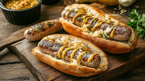 German Bratwurst Grilled Sausages With Sauerkraut And Mustard On Wooden
