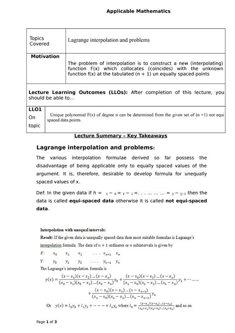Lagrange Interpolation And Problems Applicable Mathematics Topics