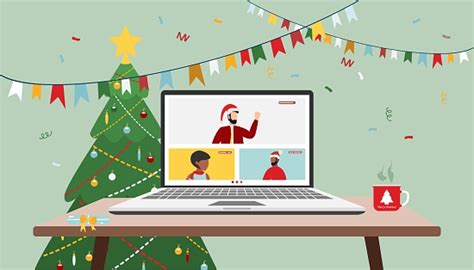 메리 크리스마스와 새해 복 많은 새해를 기원 하는 사람들 2022년 화상 통화 또는 웹 컨퍼런스를 통해 휴일을 축하하고 선물을 제공합니다 벡터 Film Screening에