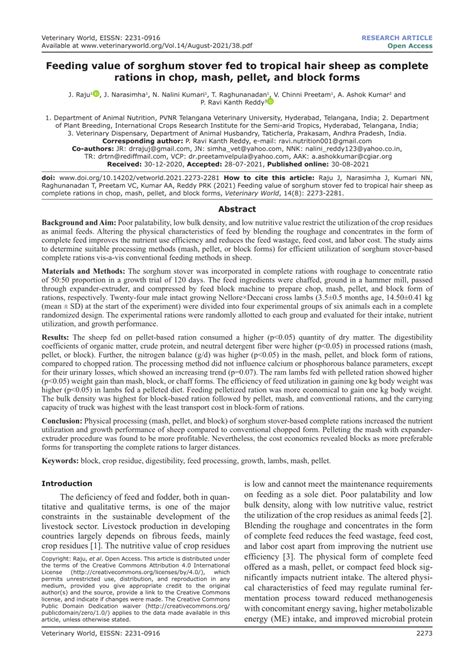 Pdf Feeding Value Of Sorghum Stover Fed To Tropical Hair Sheep As Complete Rations In Chop