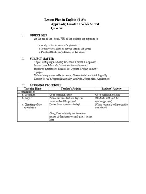 Formalist Approach Lesson Plan In English Pdf Poetry Lesson Plan