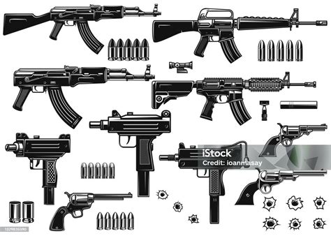 무기의 그림 세트 돌격 소총 우지 리볼버 권총 총알 총알 구멍 라벨 기호 포스터 카드 배너를 위한 디자인 요소입니다 벡터 일러스트레이션 소총에 대한 스톡 벡터 아트 및 기타
