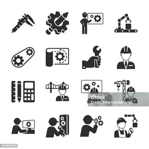 엔지니어링 아이콘 설정 생산 노동자 엔지니어 생산 유지 보수 기술 제어 흑백 흑백 아이콘 아이콘에 대한 스톡 벡터 아트 및 기타 이미지 Istock