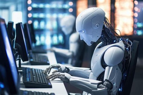 Premium Photo Humanoid Robot Interacting With Computer Screens Robot Work Global Data Generate Ai