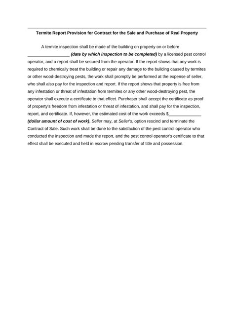 Termite Report Provision For Contract For The Sale And Purchase Of Real