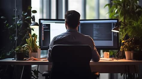 Stock Trader Man Using Multiple Monitors Back Viewcreated With Generative Ai Technology