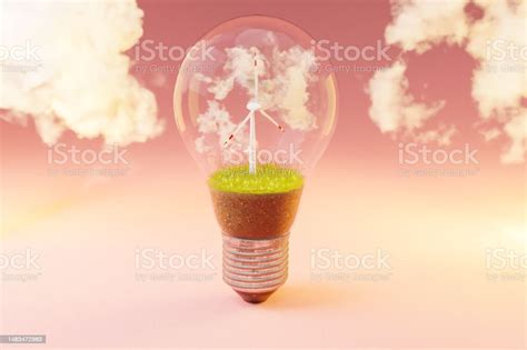 내부에 작은 풍력 터빈이있는 단일 전구 녹색 토양과 구름 재생 가능한 청정 에너지 개념 3d 그림 0에 대한 스톡 사진 및 기타 이미지 Istock