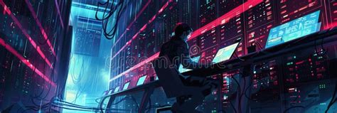 A Hacker Intensely Focuses On Multiple Computer Screens In A Server Room Filled With Glowing
