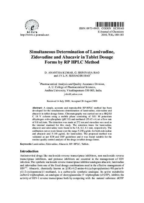 Pdf Simultaneous Determination Of Lamivudine Zidovudine And Abacavir In Tablet Dosage Forms