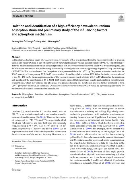 Isolation And Identification Of A High Efficiency Hexavalent Uranium Adsorption Strain And