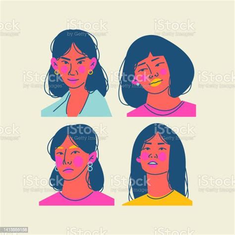 아시아 소녀의 초상화로 세련된 세트 유행 벡터 일러스트 레이 션 인쇄 디자인 20 29세에 대한 스톡 벡터 아트 및 기타 이미지