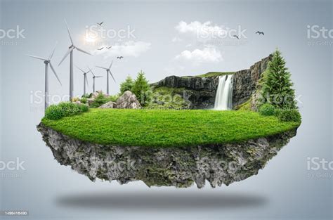 여름에는 시골길과 푸른 나무 풍력 터빈이 격리된 녹색 땅의 3d 그림 창의적인 여행 및 관광 오프로드 디자인 태양 에너지 광고 풀 벼과에 대한 스톡 사진 및 기타 이미지