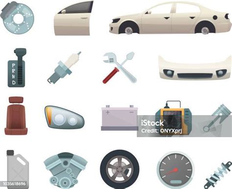 자동차 부품입니다 기어 바퀴 디스크 엔진 전송 강철 화이트 도어 갈색 좌석 및 헤드라이트 벡터 아이콘으로 자동차 만들기 키트