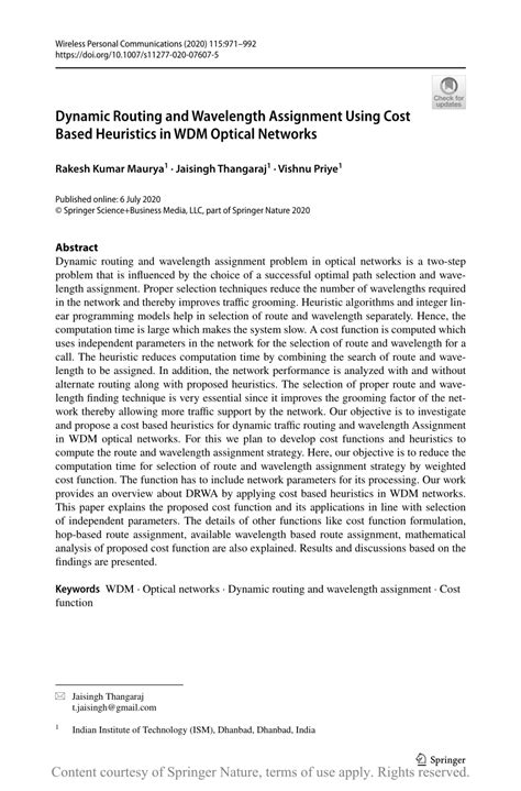 Dynamic Routing And Wavelength Assignment Using Cost Based Heuristics