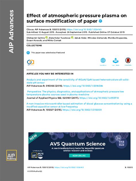 Pdf Effect Of Atmospheric Pressure Plasma On Surface Modification Of