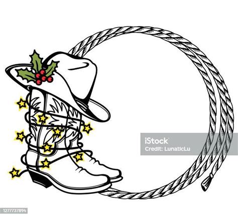 카우보이 크리스마스 인쇄 카우보이 부츠와 휴일 조명 모자 텍스트에 대한 로프 프레임 웨스턴 부츠와 모자 배경 카우보이에 대한