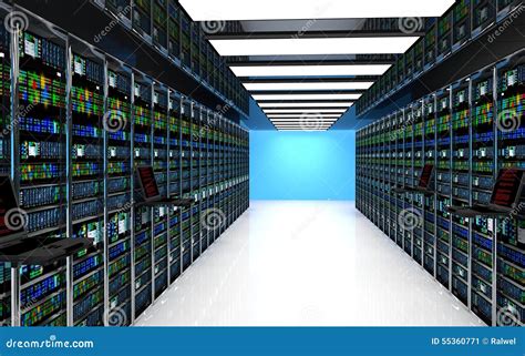 Terminal Monitor In Server Room With Server Racks In Datacenter