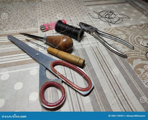 Shoemaker Tools Set On Table Stock Photo Image Of Textured Repair 286119694