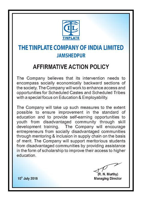 Afirmative Action Policy The Tinplate Company Of India Limited Jamshedpur R N Murthy