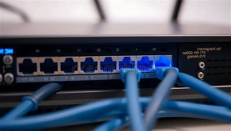 Close Up Of A Network Switch With Blue Cables Connected Stock Illustration Illustration Of