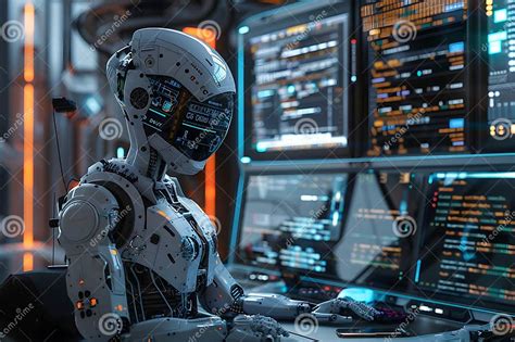 Artificial Intelligence Robot Humanoid Android That Operates Multiple Computers And Screens