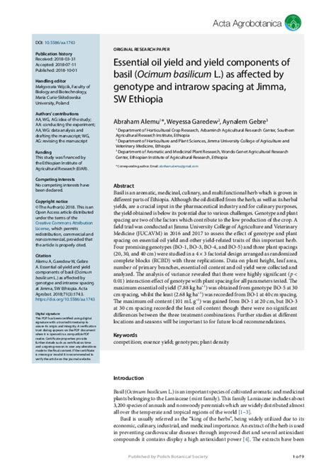 Pdf Essential Oil Yield And Yield Components Of Basil Ocimum Basilicum L As Affected By