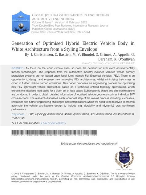 pdf generation of optimised hybrid electric vehicle body in