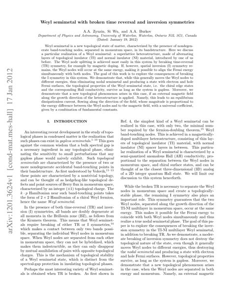 Pdf Weyl Semimetal With Broken Time Reversal And Inversion Symmetries