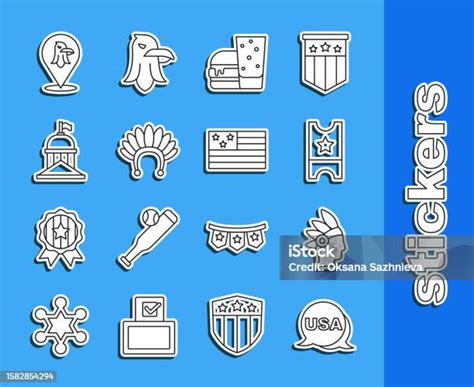 미국 독립 기념일 아메리카 원주민 인디언 야구 티켓 버거 깃털이 달린 머리 장식 백악관 독수리 및 깃발 아이콘을 설정합니다 벡터 0명에 대한 스톡 벡터 아트 및 기타 이미지