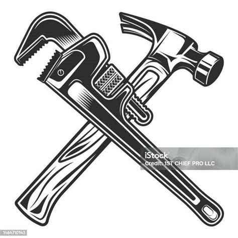 빈티지 교차 망치와 차체 공장 정비사 스패너 수리 도구 또는 건설 렌치 가스 및 건축업자 배관 파이프 흑백 스타일 벡터 일러스트