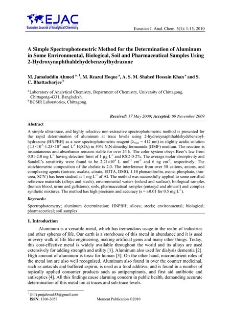 Pdf A Simple Spectrophotometric Method For The Determination Of Trace Aluminium In Real