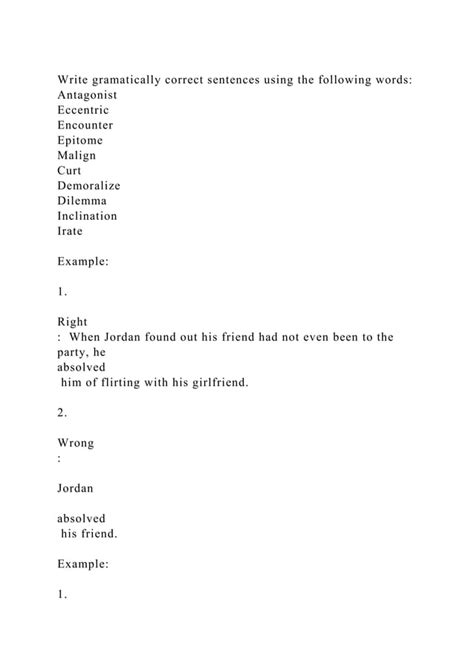 Write Gramatically Correct Sentences Using The Following Wordsantdocx